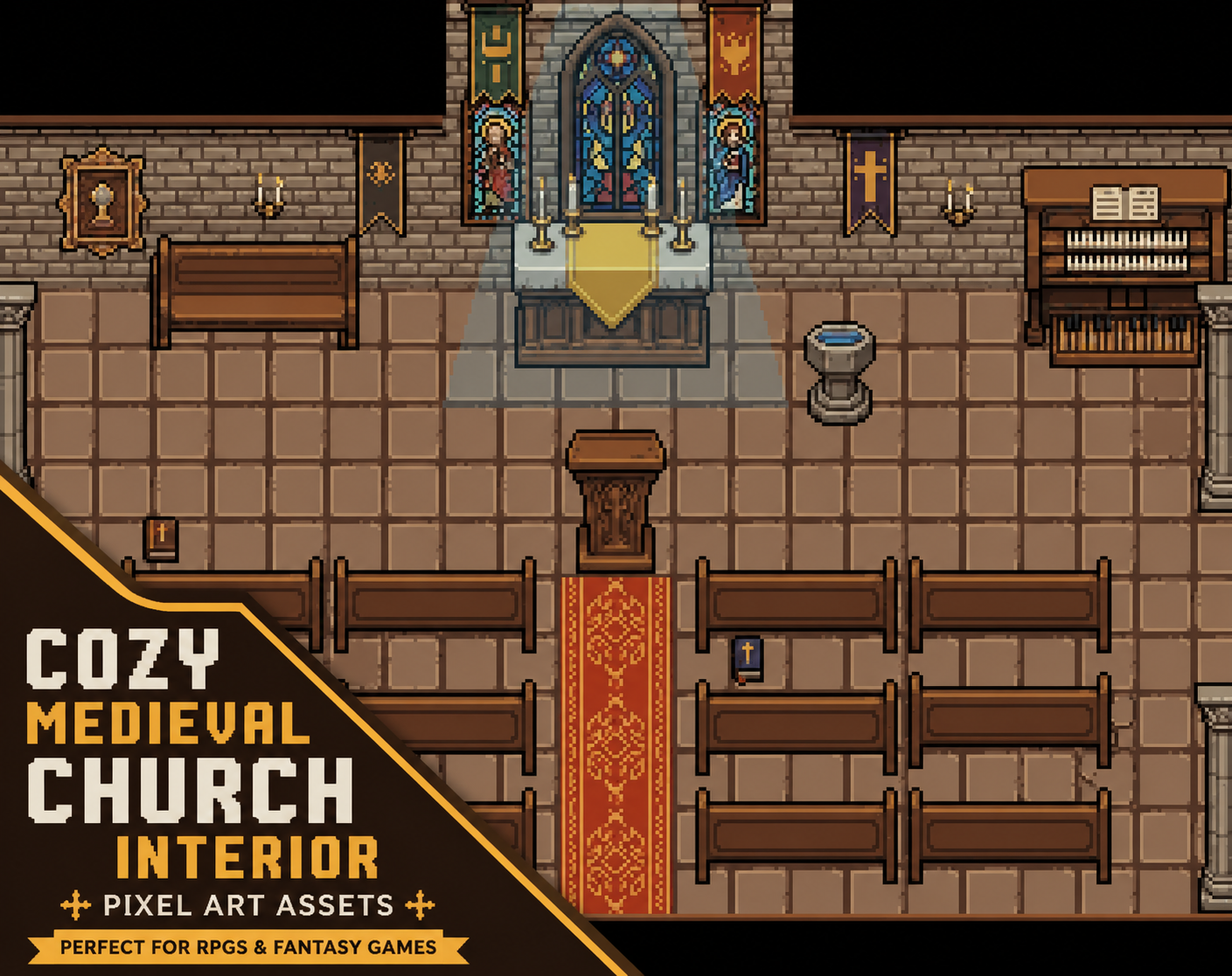 Cozy Medieval Church Interior – Pixel Art Assets by MutterPixel Studio