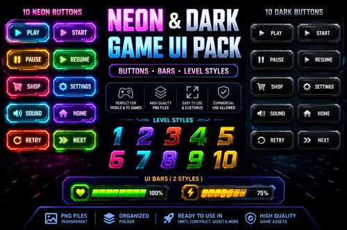 Neon & Dark Game UI Pack – Buttons, Progress Bars & Level Icons - Neon ...