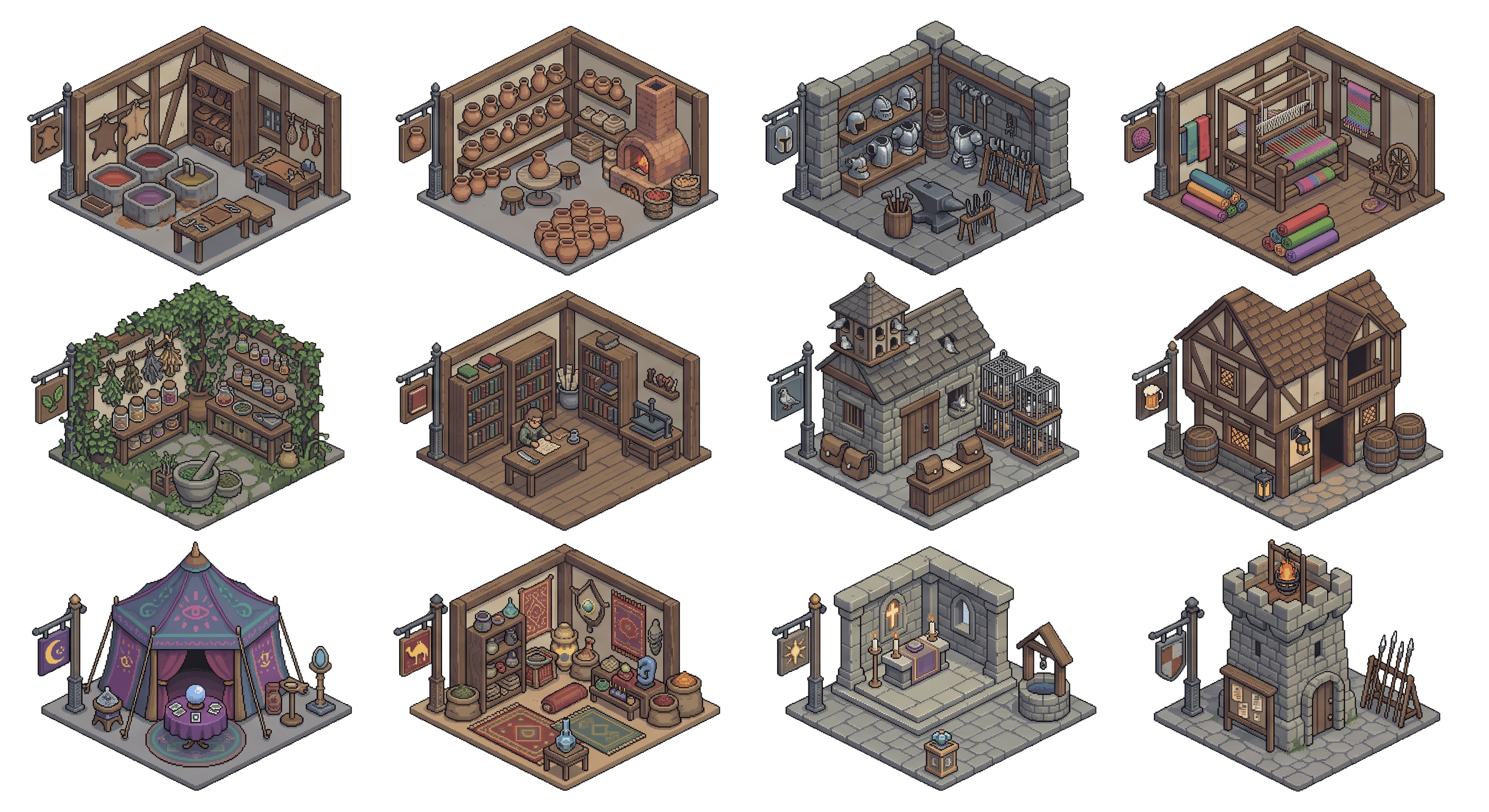 Isometric pixel-art room diorama tileset by Devs In Exile Studio