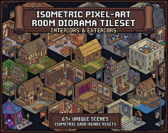 Isometric pixel-art room diorama tileset by Devs In Exile Studio