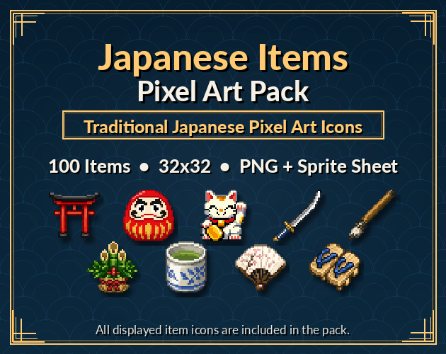 Japanese Items Pixel Art Icons 32x32 - 100 Items by Binetsu