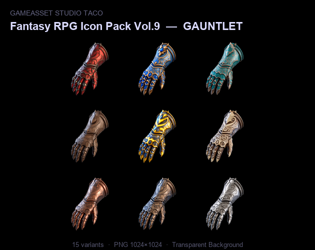 Fantasy Gauntlet Icon Pack Vol.9 – 45 Icons (5 Elements + 10 Materials ...