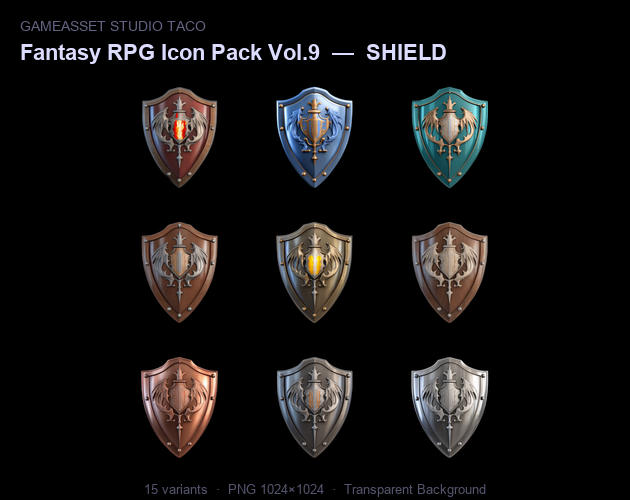 Fantasy Shield Icon Pack Vol.9 – 45 Icons (5 Elements + 10 Materials ...