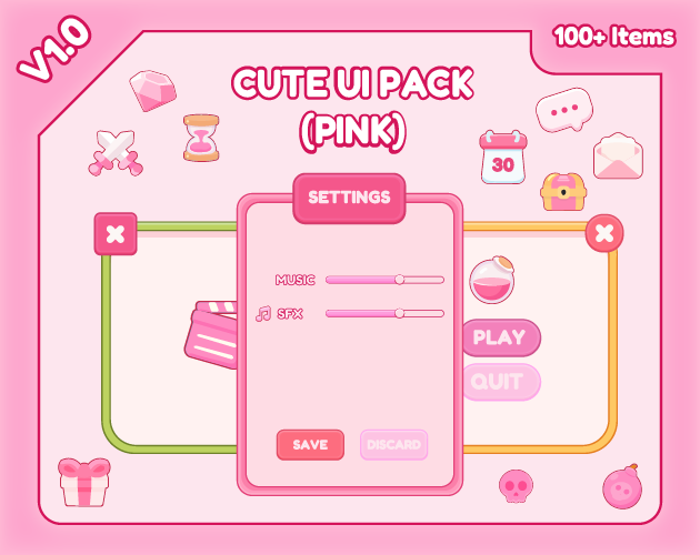 Cute Cartoony Pink UI - Icons, Buttons & Menus by Coffee Beans Studio
