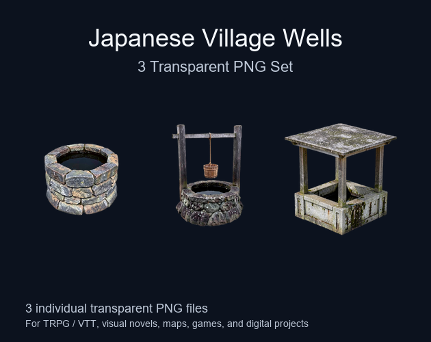 Japanese Village Wells - 3 Transparent PNG Set by KojochoStudio
