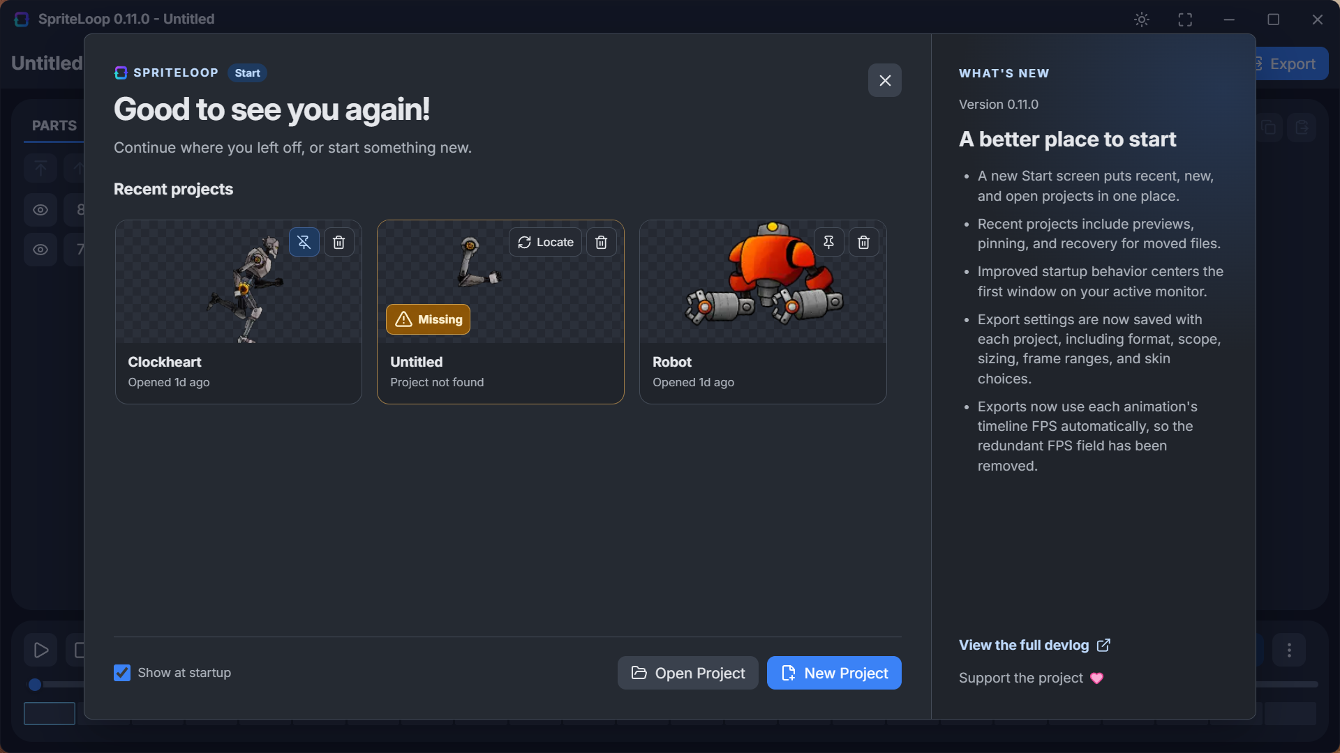 SpriteLoop 0.11.0 - Start screen, and Import Data - SpriteLoop by ...