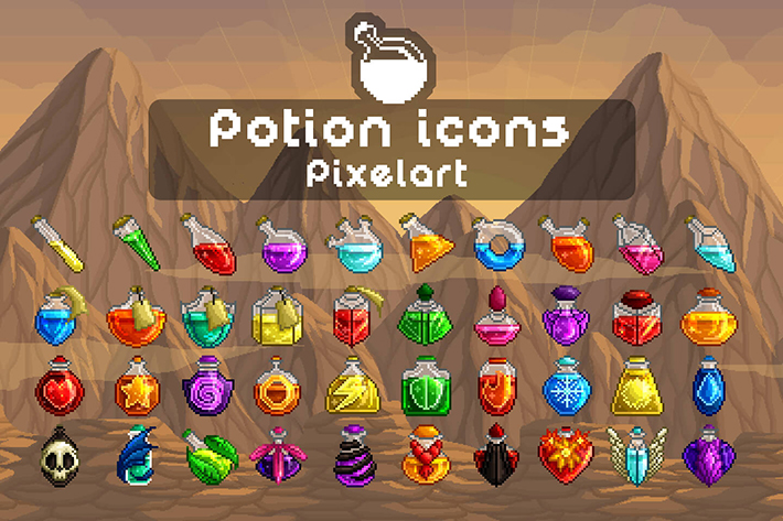 40 Potion Icons Pixel Art by Free Game Assets (GUI, Sprite, Tilesets)