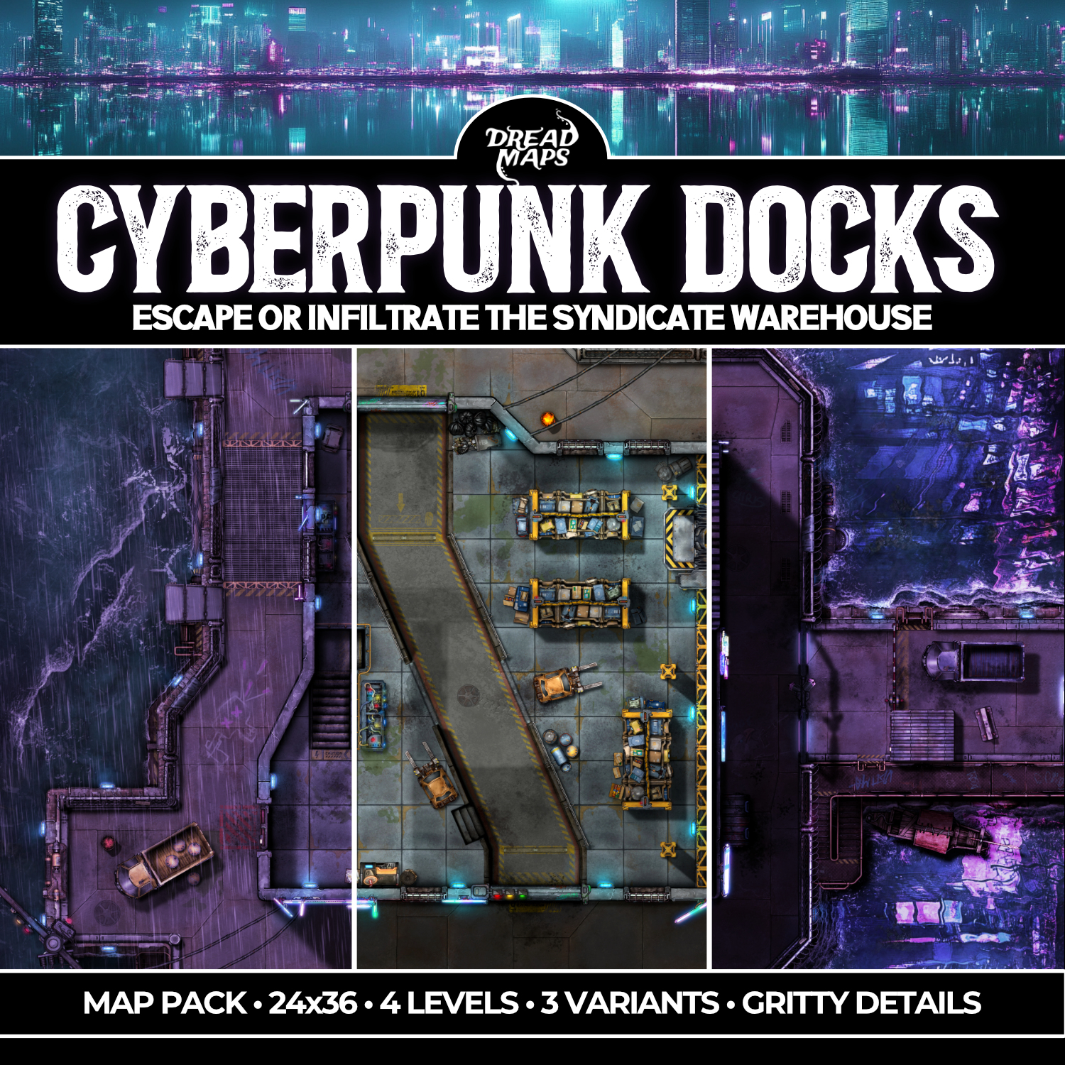 Cyberpunk Docks TTRPG Battlemap by Dread Maps