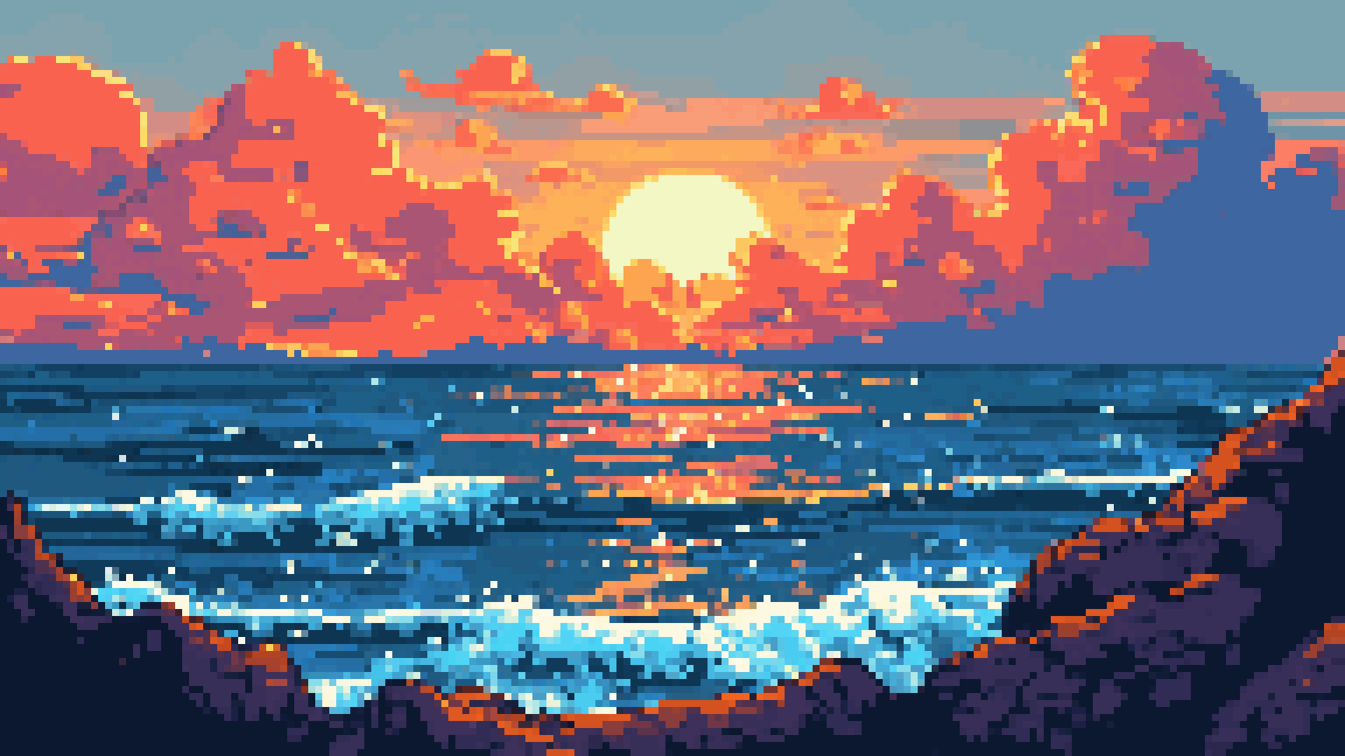 Free Pixel Art Side Scroller Background "Ocean Sun" by PIXEL_1992