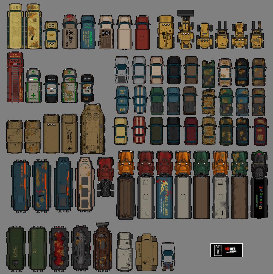 Ultimate top down car artpack - tileset by 16bitnights