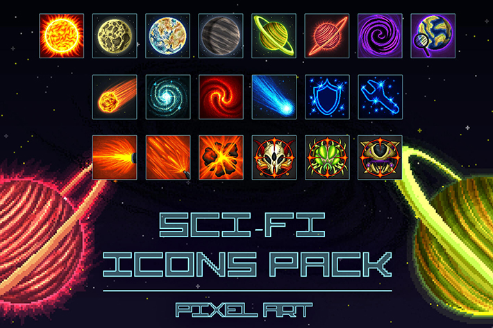 20 Free SCI-FI Icons Pixel Art by Free Game Assets (GUI, Sprite, Tilesets)