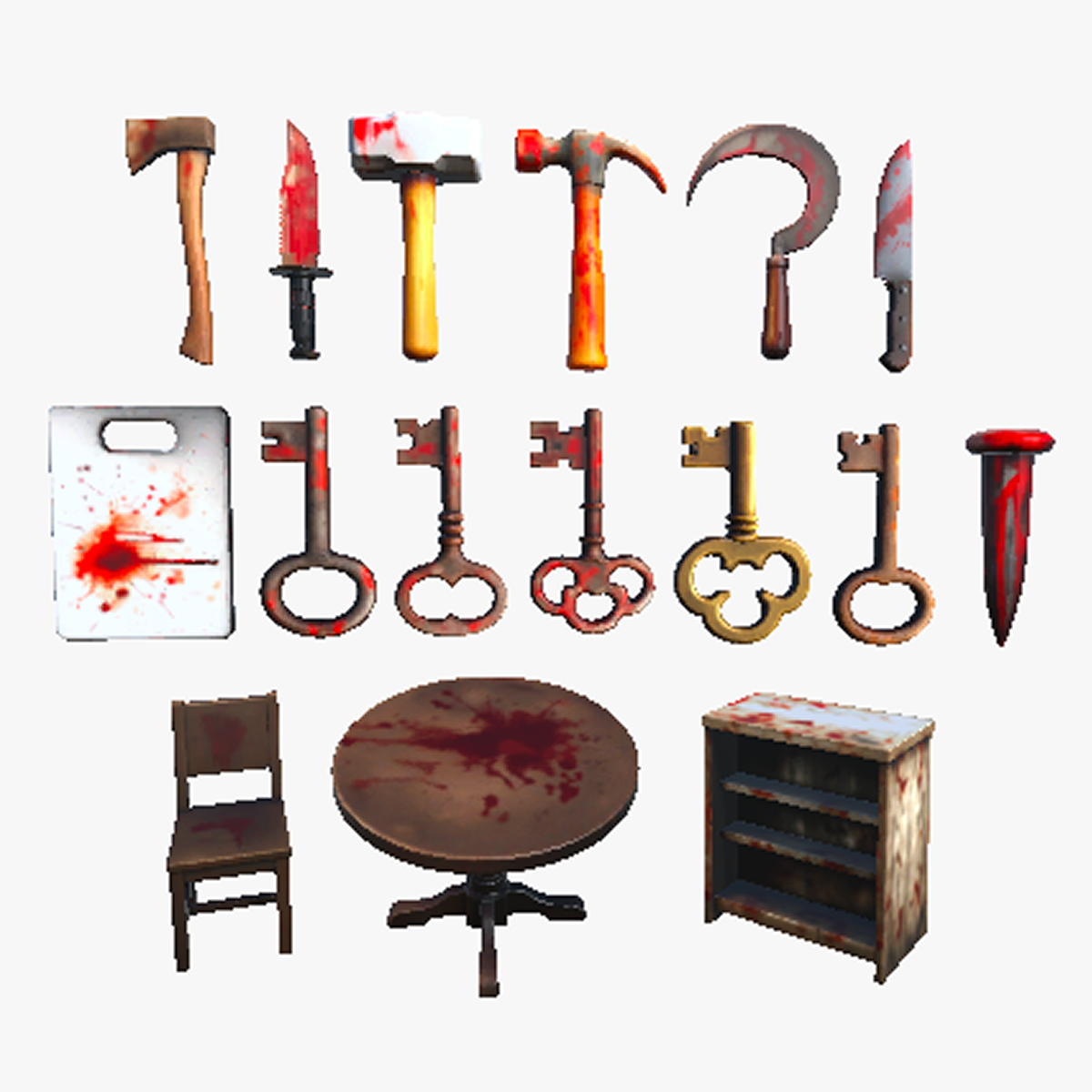3D Model Horror Bloody Weapons Tools Furniture 16Set/Props/血のついたホラー素材 ...