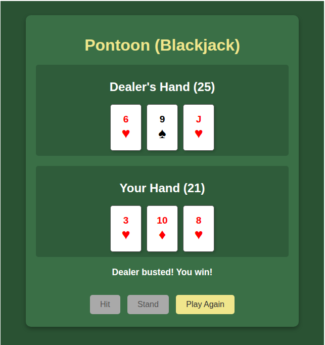 Pontoon (Blackjack) by megamitts for Card Game Jam GT 2025 - itch.io