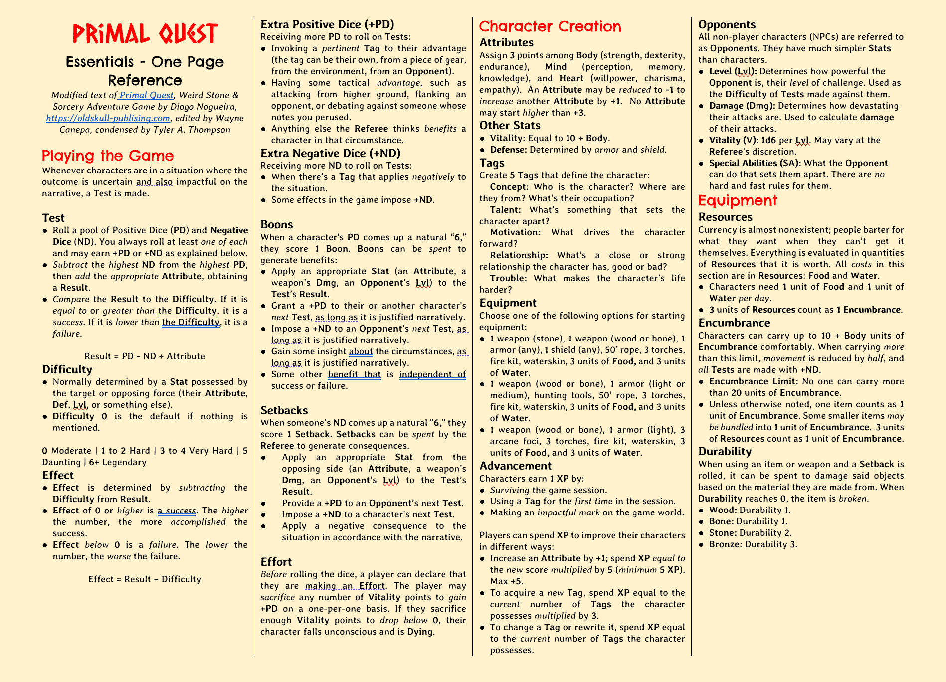 One Page Rules Reference for Primal Quest by Prudence Publishing