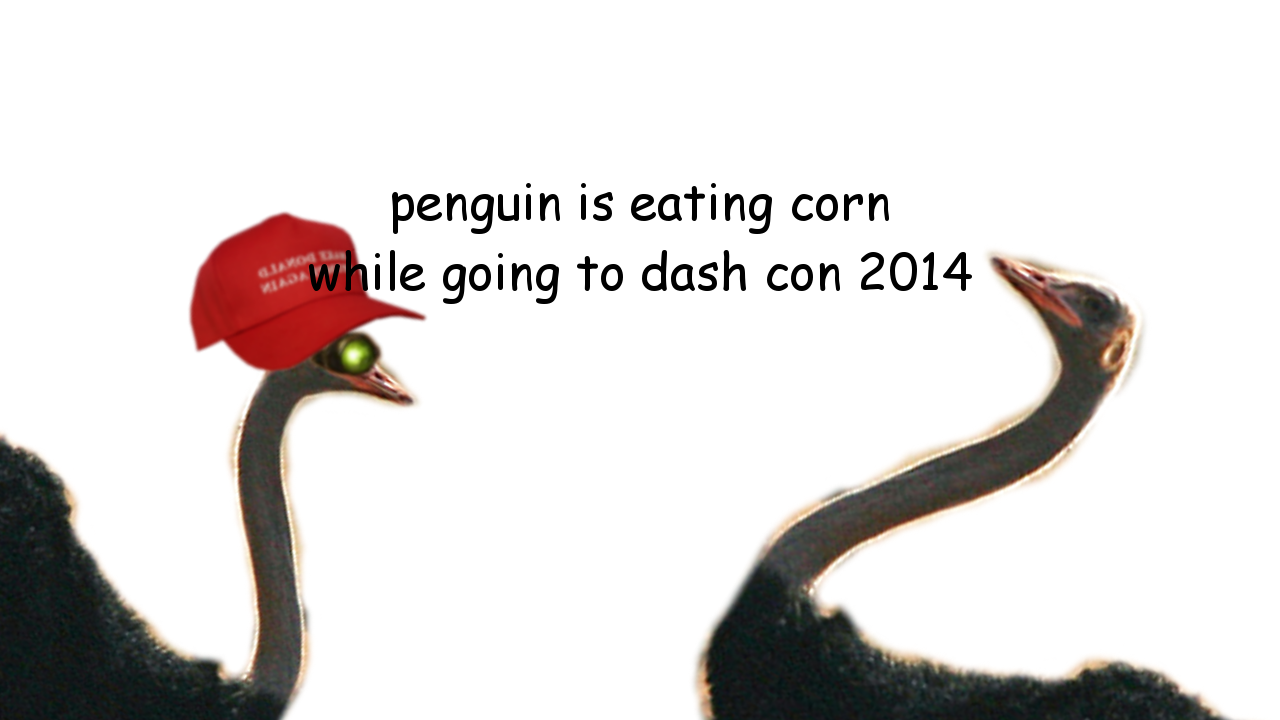 penguin is eating corn while going to dash con 2014 by Kasztaniak