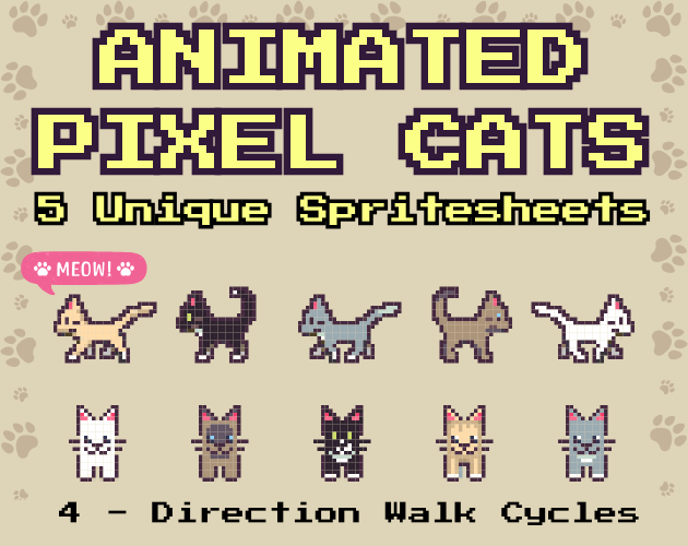 Animated Pixel Cats – 5 Unique 32x32 Sprites with 4-Direction Walk ...