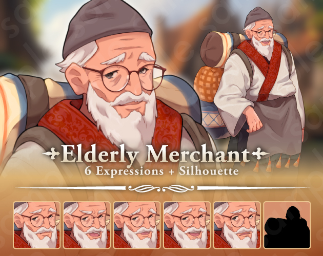 [Fantasy Character Sprite] Elderly Traveling Merchant – White Hair, Ethnic Outfit | PNG x7 by ...