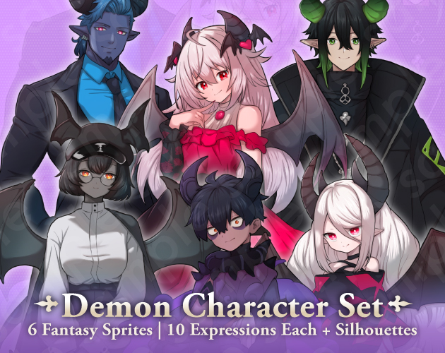 【Character Sprite Set】Fantasy Demon Characters – 6 Horned & Winged ...