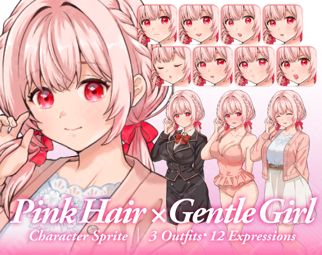 Healing Pink-Haired Girl – Sprite Set | 3 Outfits × 12 Expressions (36 ...