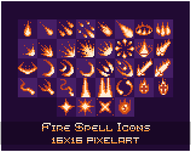 Fire Spell Icons 16x16 Pixelart by ELV Games