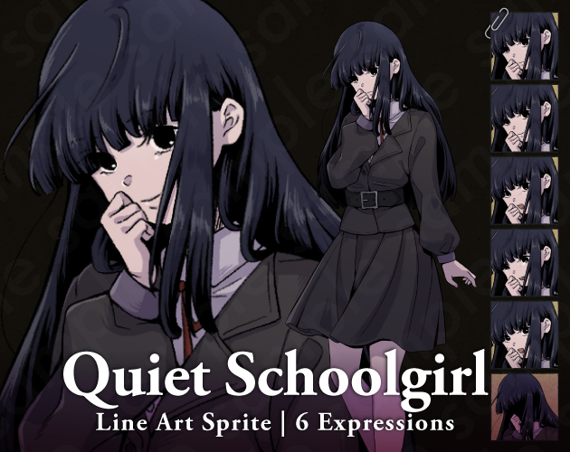 【Line Art Character Sprite】Quiet Schoolgirl – Black Long Hair & Blazer Uniform | PNG x6 by POMPACK