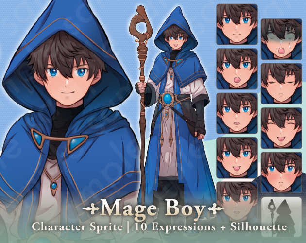 [Fantasy Character Sprite] Brown-Haired Mage Boy in Blue Hooded Cloak ...
