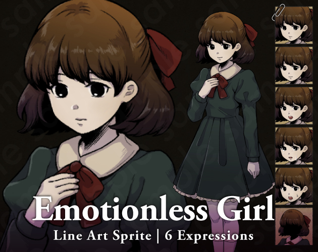 [Line Art Character Sprite] Quiet Brown-Haired Girl – Deep Green Dress | PNG x6 by POMPACK