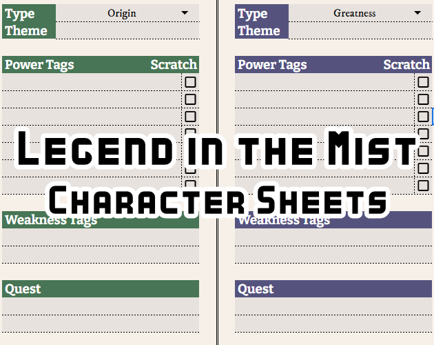 Legend in the Mist - Character Sheets by Brent Taylor