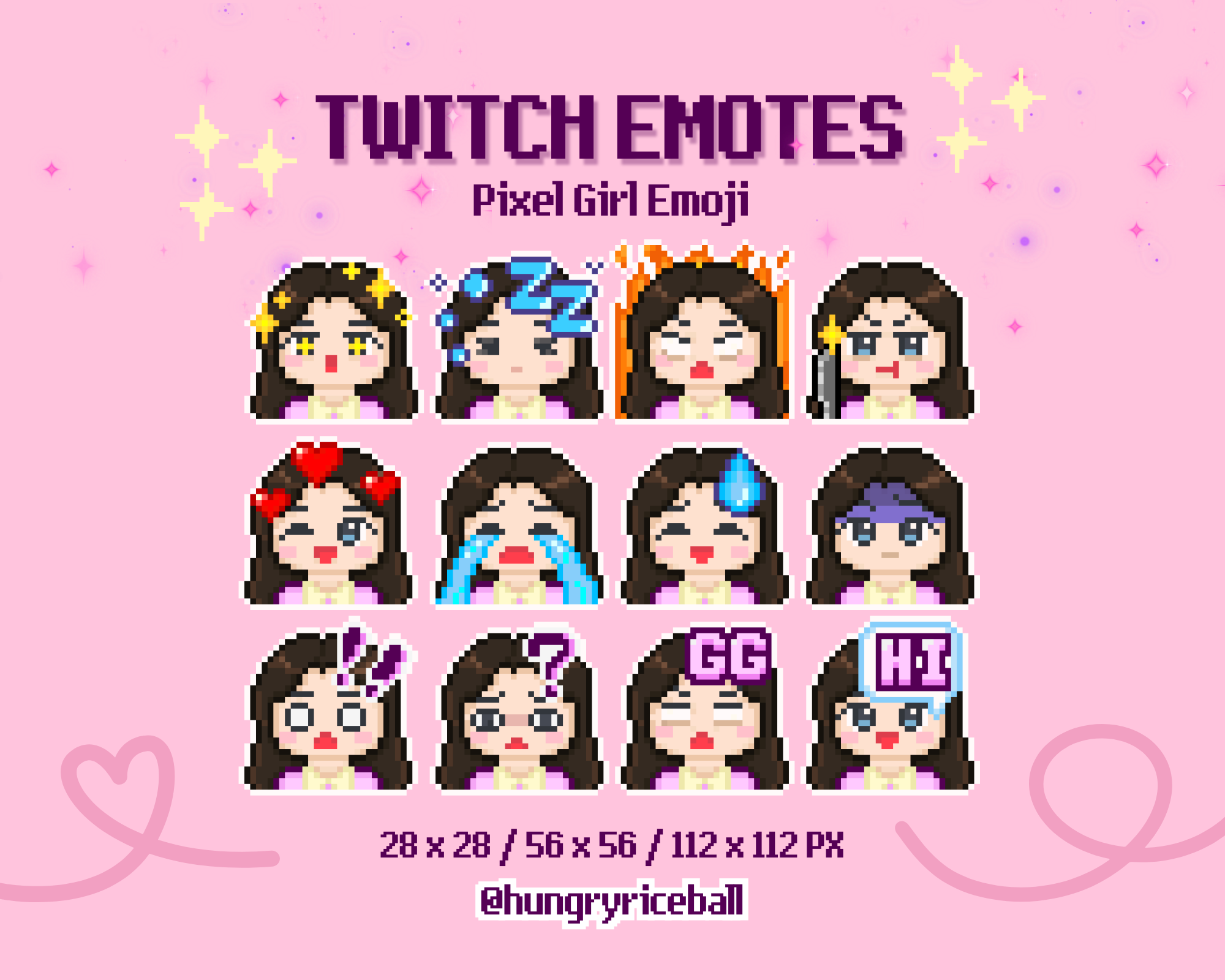 Pixel Girl Emotes - Twitch Emotes Pack by Hungry Riceball