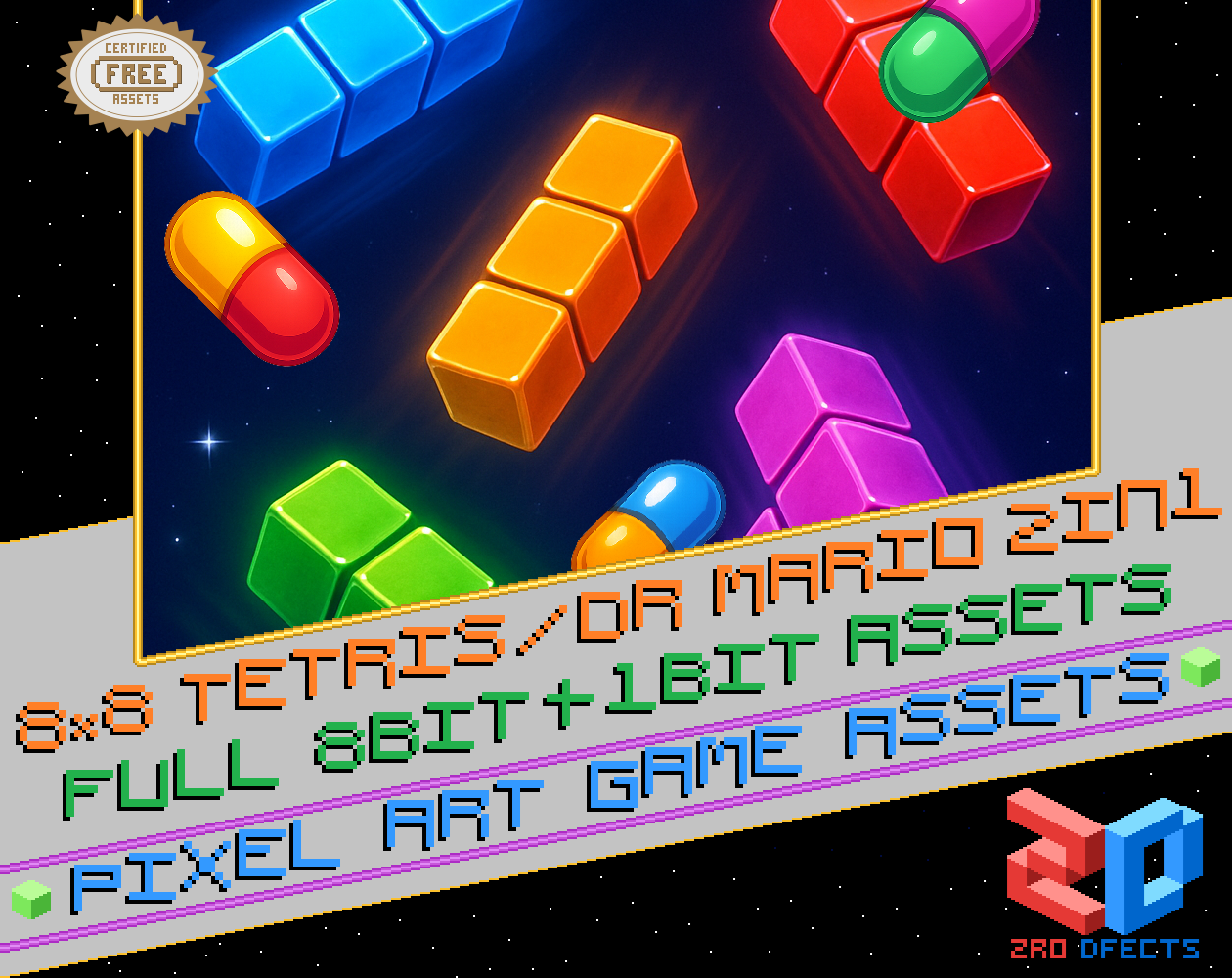 8x8 Tetris And Dr Mario Style Puzzle Tile Set1 - Asset Pack by Zro Dfects