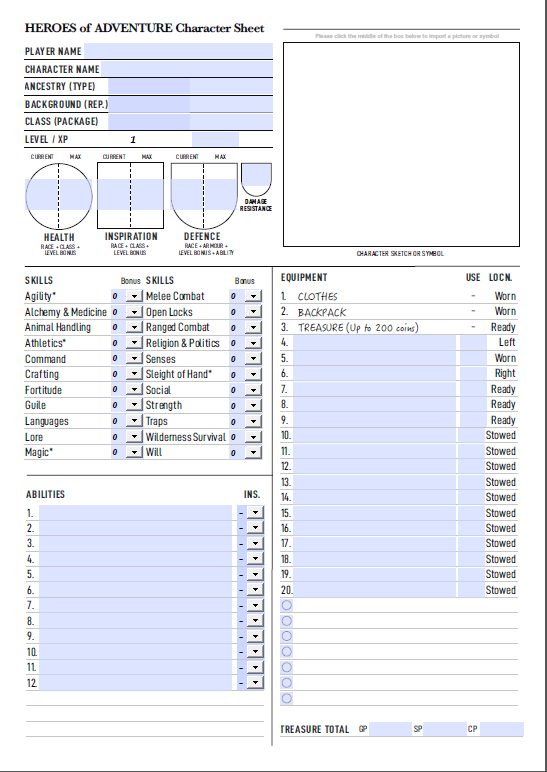 Fillable Character Sheet for Heroes of Adventure v3.1 by sousley2100