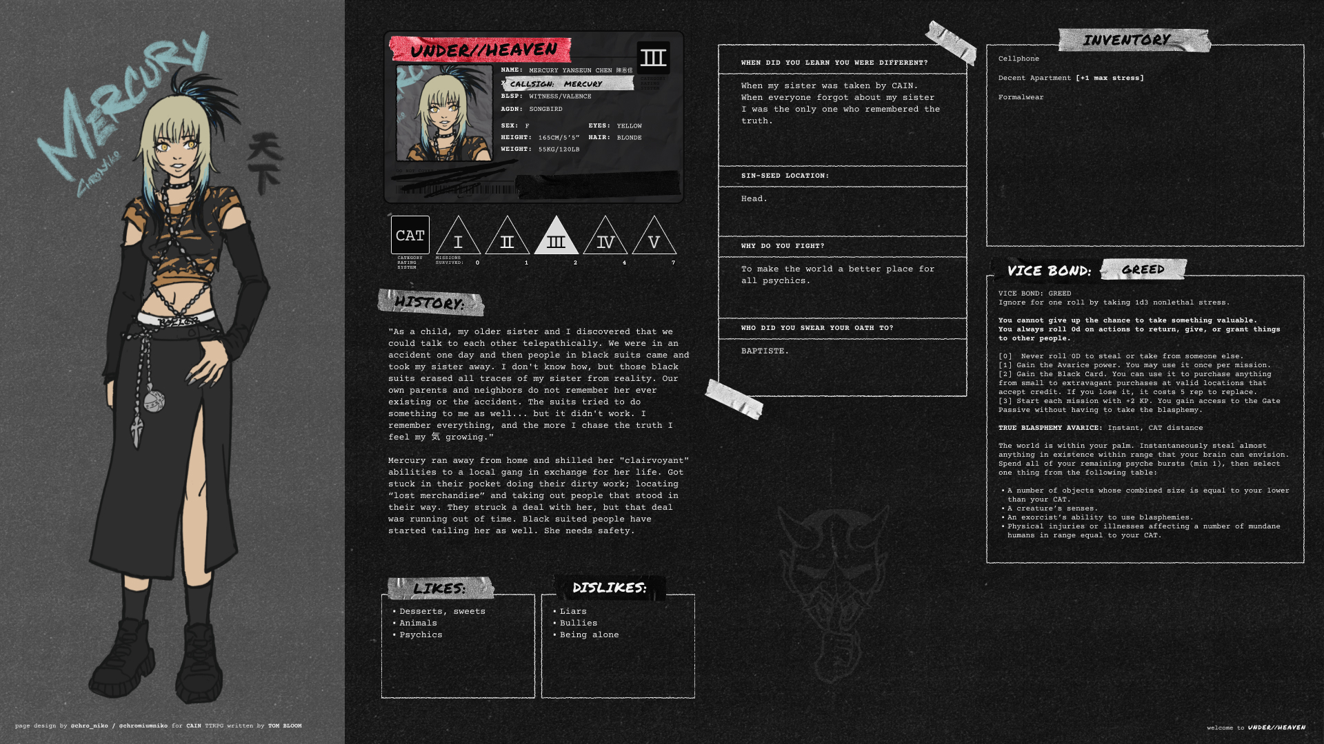 CAIN: UNDER HEAVEN Binder Character Sheets by chro_niko