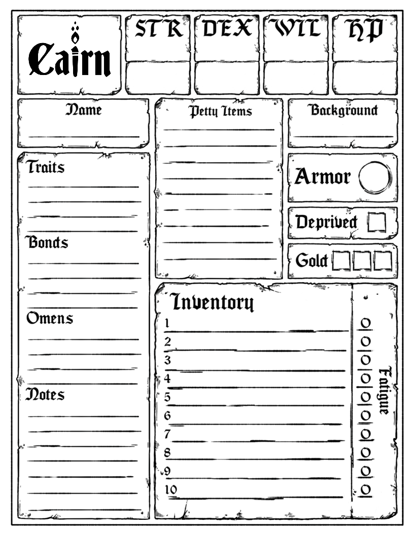 Cairn 2e Character Sheet by owmyknees