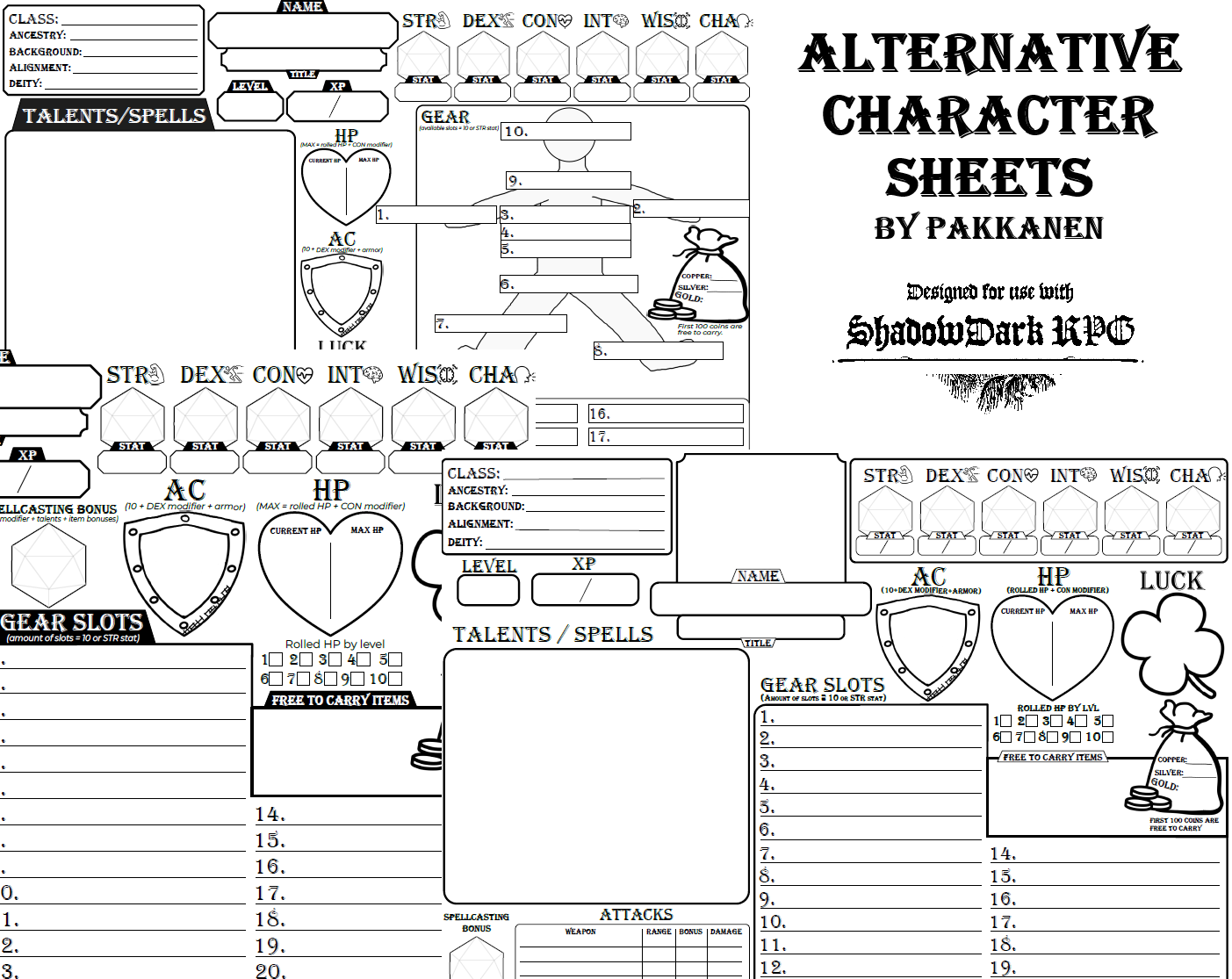 Alternative character sheets by Pakkanen for Shadowdark RPG by Pakkanen