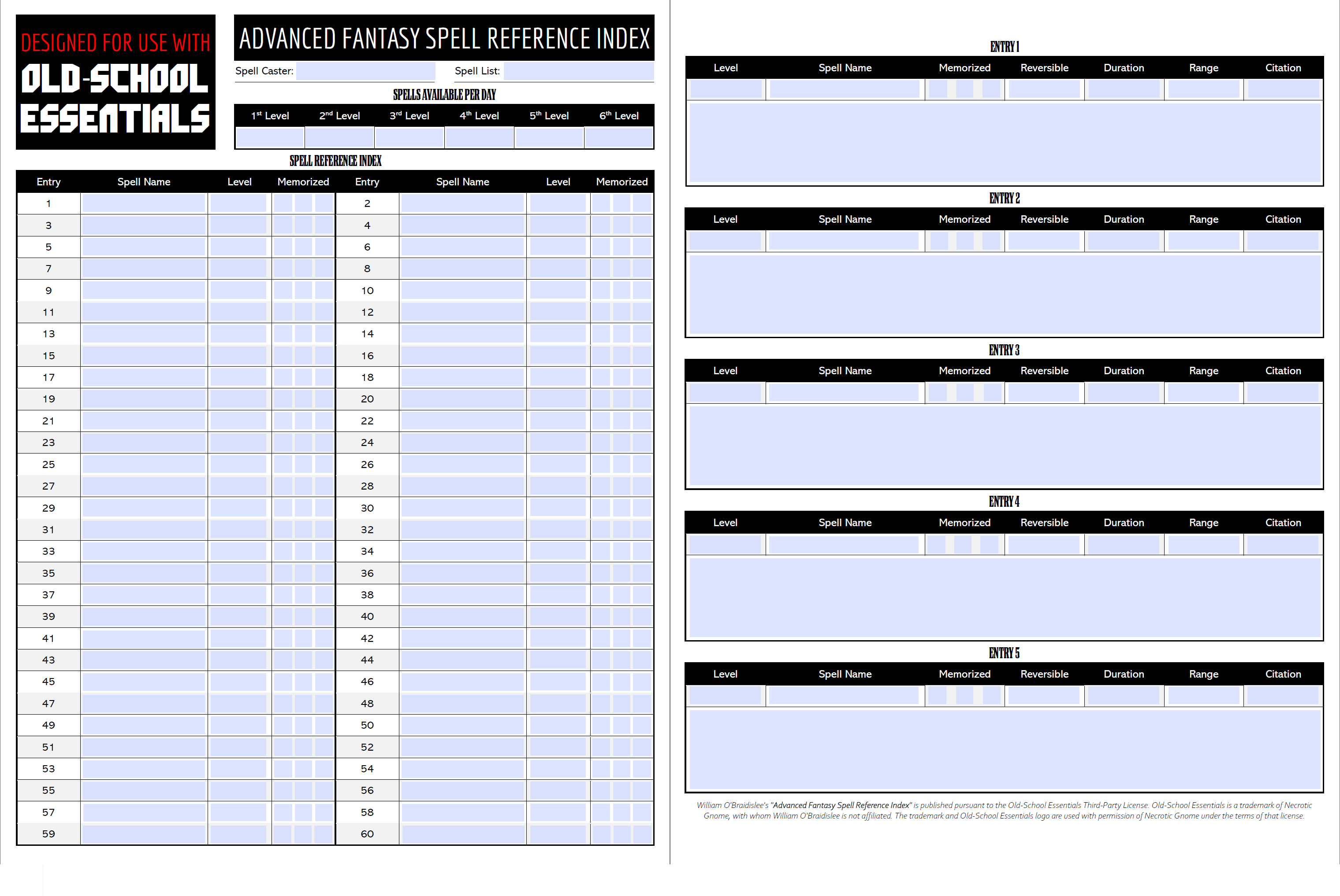 Old School Essentials — Spell Reference Index by William O'Braidislee
