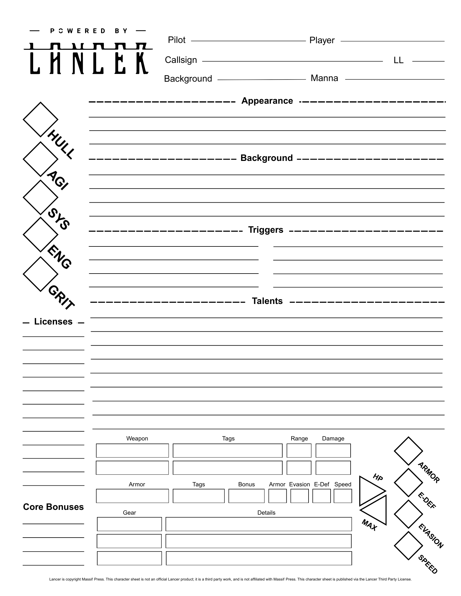 Lancer Pen and Paper Character Sheet by ClericErr