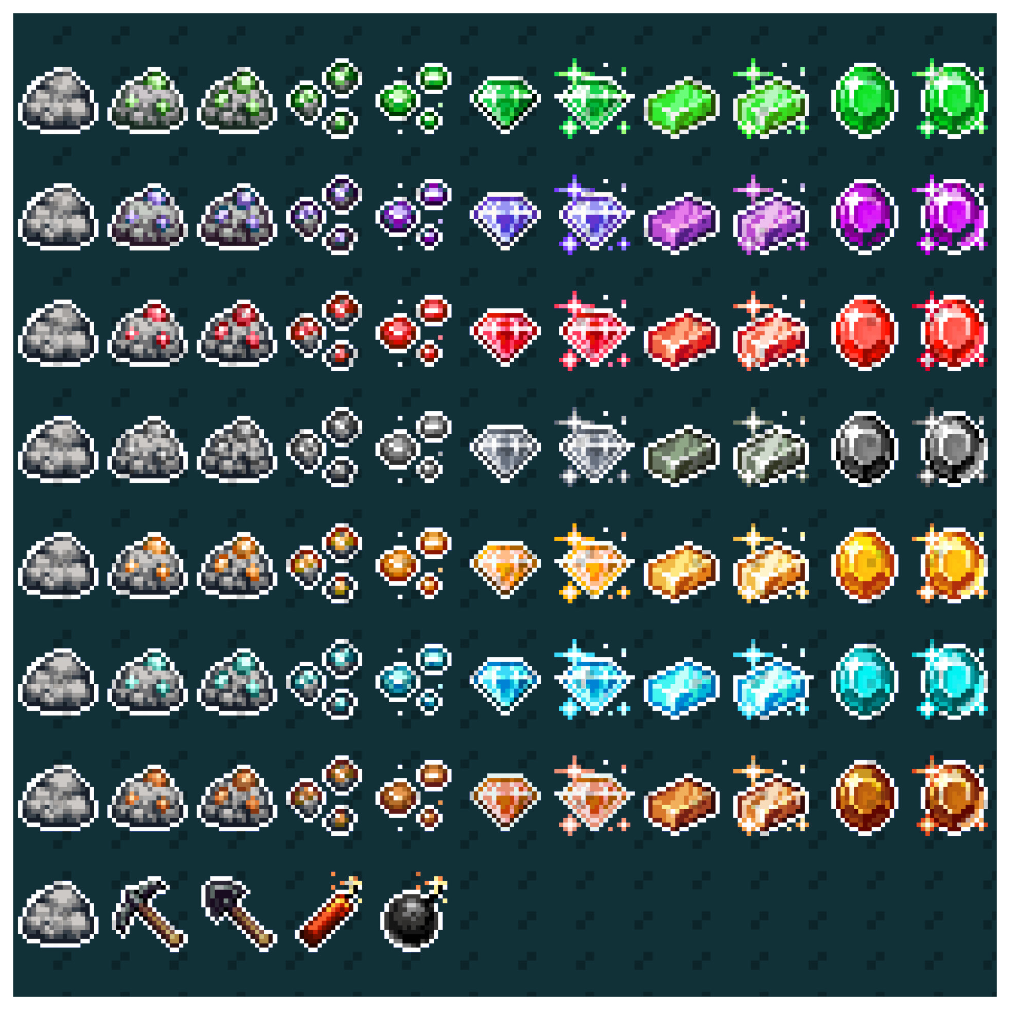80 Pixel art Diamonds, Gemstones, and metals mining Icons by Manmari