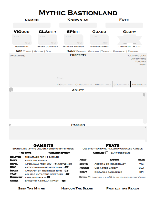 Mythic Bastionland - Character Sheet by Fierce Brosnan