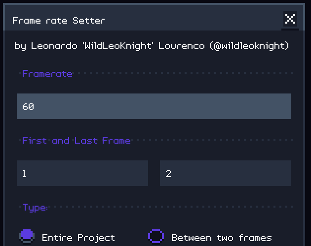 Frame rate setter for Aseprite by WildLeoKnight
