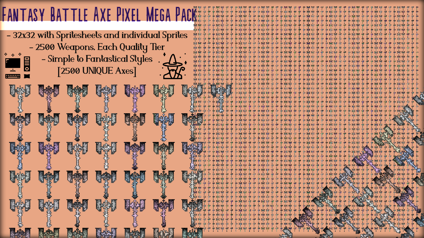 2500 Unique Battle Axe Pixel Weapons 32x32 Pack by Behrtron
