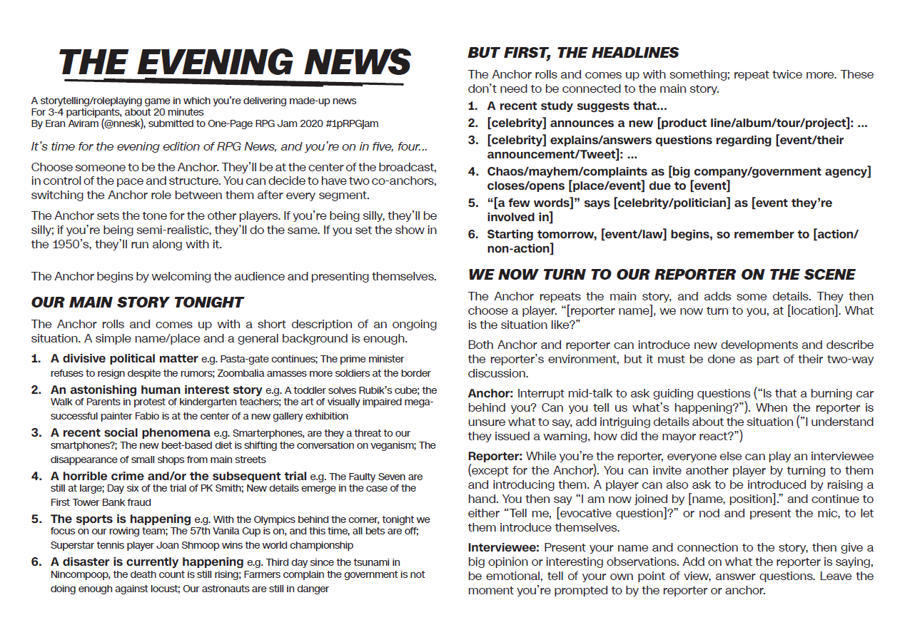 The Evening News by Eran Aviram for One-Page RPG Jam 2020 - itch.io