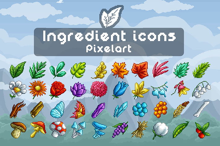 40 Ingredient Icons Pixel Art by Free Game Assets (GUI, Sprite, Tilesets)