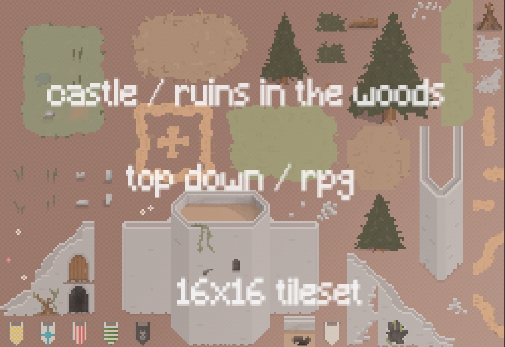 16x16 castle and wall ruins in the forest rpg tileset by pellaore