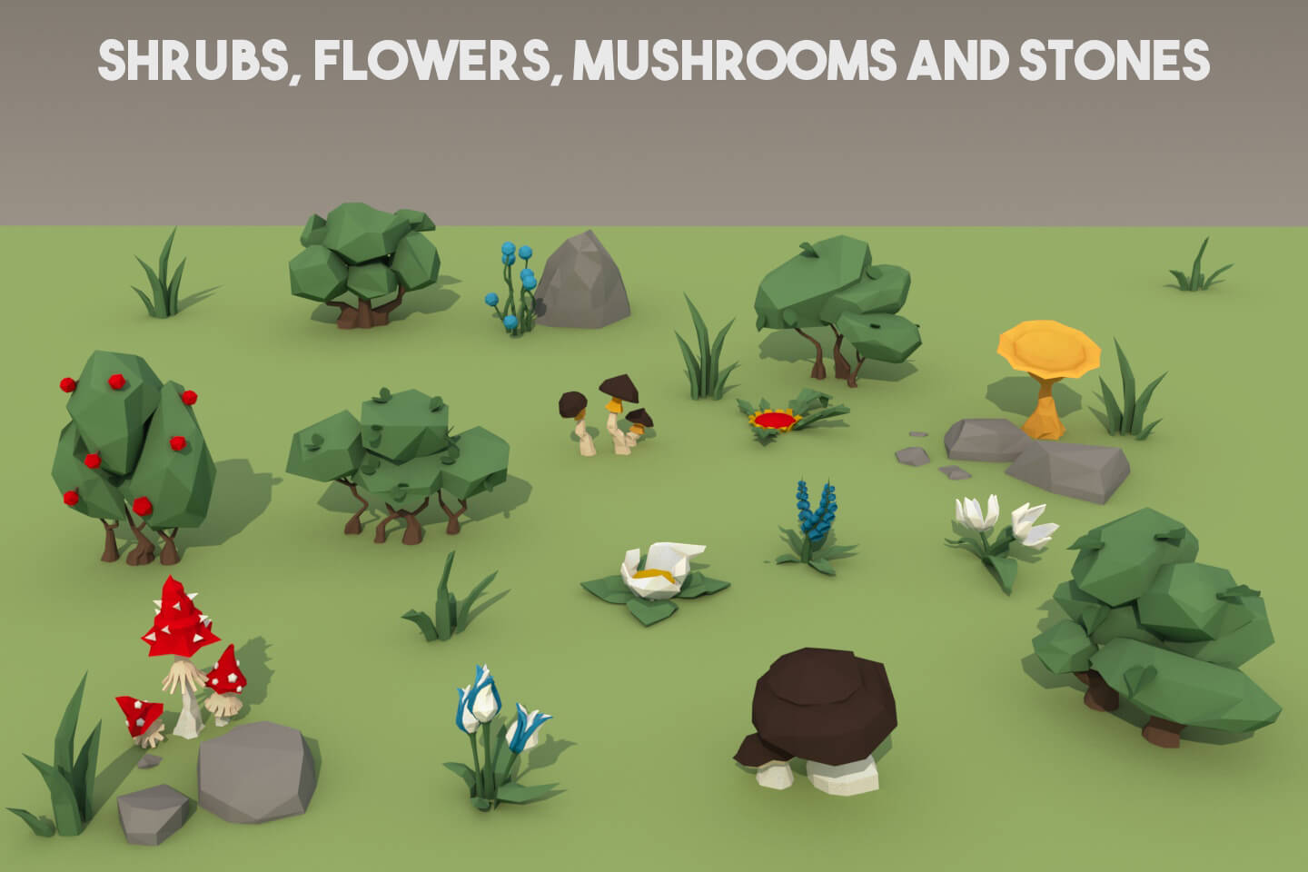 Free Shrubs Flowers and Mushrooms 3D Low Poly Pack by Free Game Assets ...