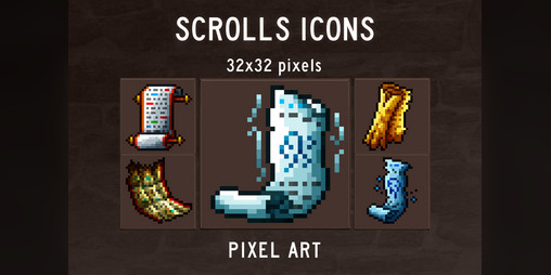 48 Scroll Pixel Art Icons Pack by Free Game Assets (GUI, Sprite, Tilesets)