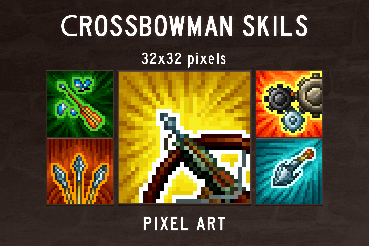 48 Crossbowman Skills Pixel Art Icons by Free Game Assets (GUI, Sprite ...