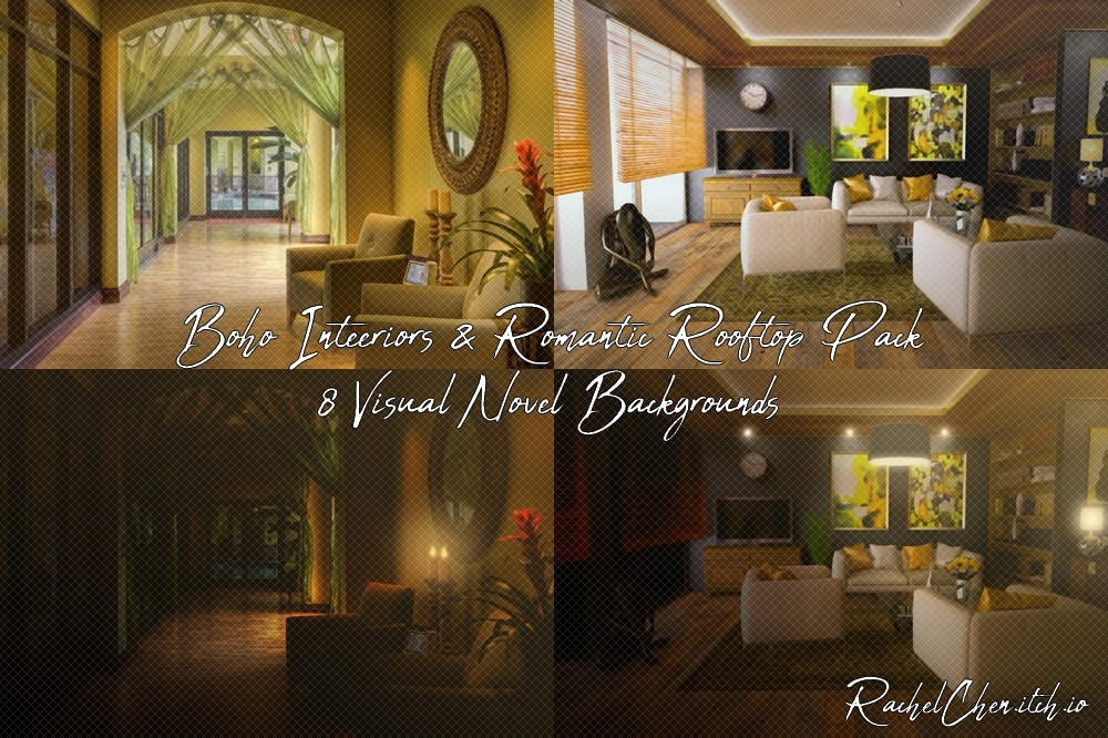 Boho Interiors and Romantic Rooftop Pack: 8 Visual Novel Backgrounds by ...