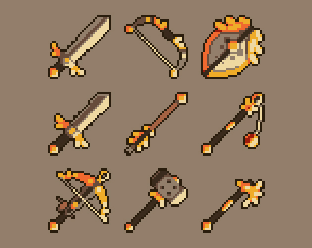 120 Pixel Art Weapon Icons by MedievalMore
