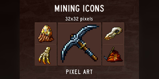 48 Mining Icons Pixel Art by Free Game Assets (GUI, Sprite, Tilesets)