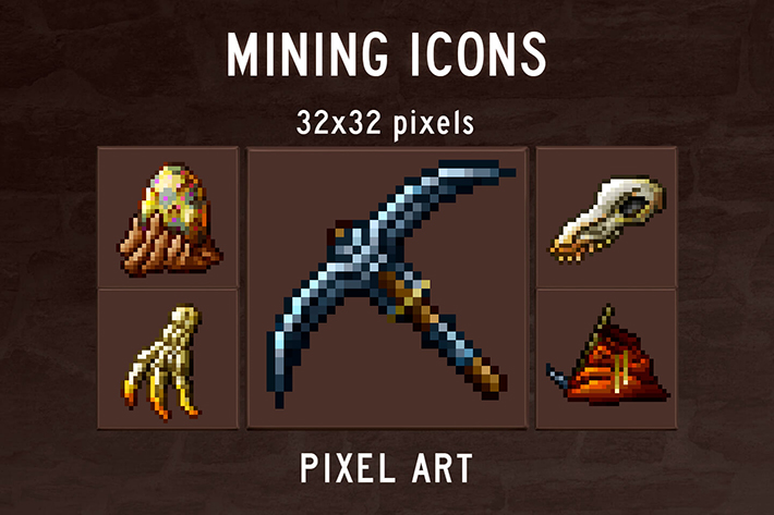 48 Mining Icons Pixel Art by Free Game Assets (GUI, Sprite, Tilesets)